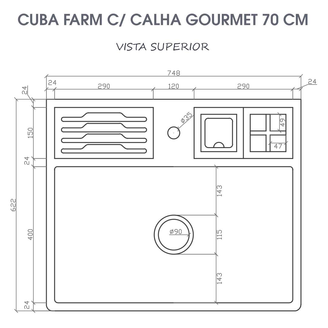 Cuba Cozinha Farm Sink com Calha Gourmet 70 Cm Estilo Fazenda Avental